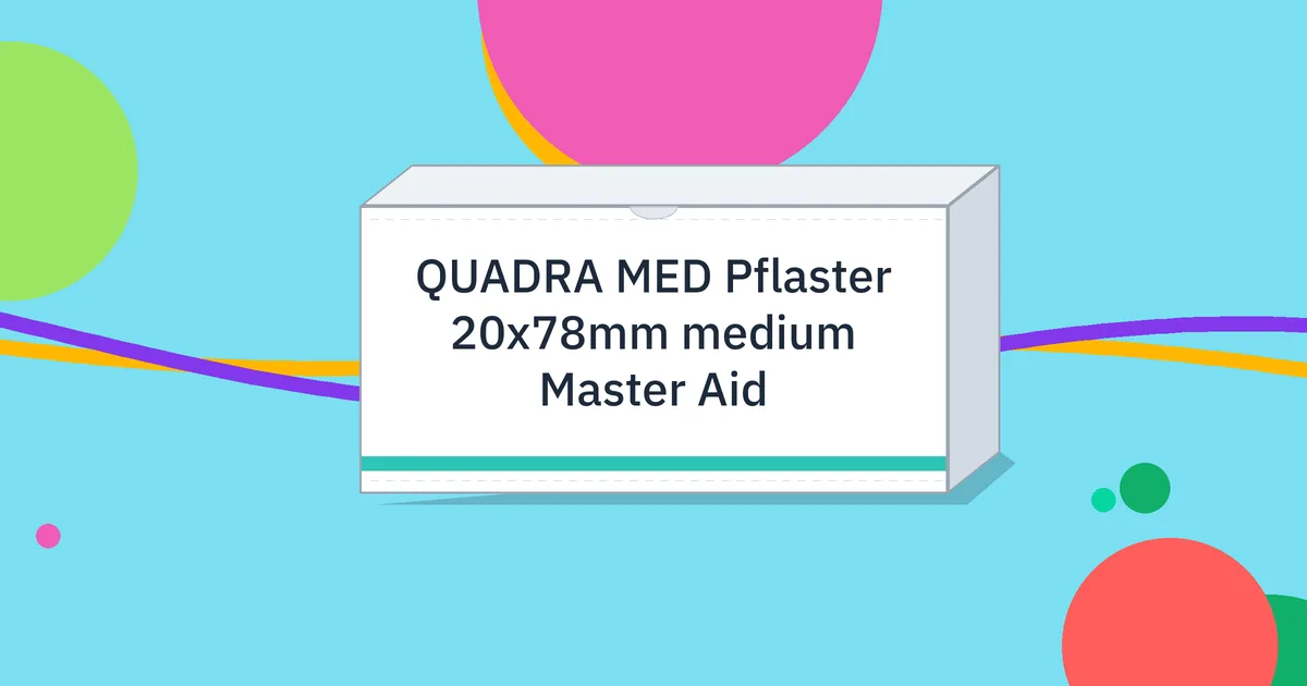 Symbolbild: Packung mit der Aufschrift QUADRA MED Pflaster 20x78mm medium Master Aid (PZN 00549358) – Verfügbarkeit und Bezug in Apotheken in Frankfurt am Main
