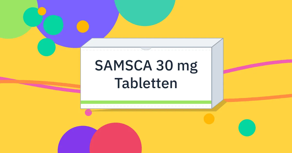 Symbolbild: Packung mit der Aufschrift SAMSCA 30 mg Tabletten (PZN 15023509) – Verfügbarkeit und Bezug in Apotheken in Frankfurt am Main
