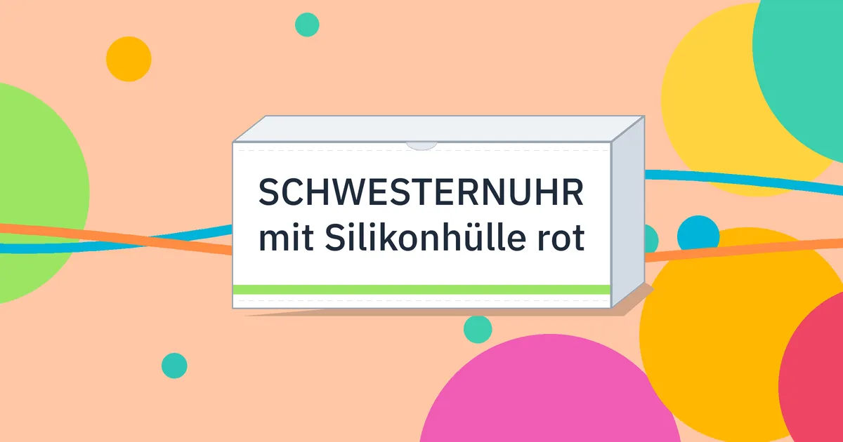 Symbolbild: Packung mit der Aufschrift SCHWESTERNUHR mit Silikonhülle rot (PZN 10553941) – Verfügbarkeit und Bezug in Apotheken in Frankfurt am Main