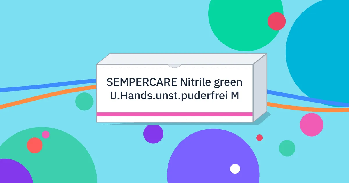 Symbolbild: Packung mit der Aufschrift SEMPERCARE Nitrile green U.Hands.unst.puderfrei M (PZN 16363360) – Verfügbarkeit und Bezug in Apotheken in Frankfurt am Main