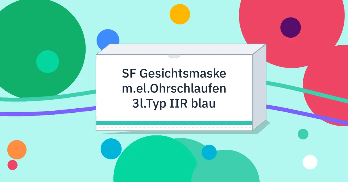 Symbolbild: Packung mit der Aufschrift SF Gesichtsmaske m.el.Ohrschlaufen 3l.Typ IIR blau (PZN 17280481) – Verfügbarkeit und Bezug in Apotheken in Frankfurt am Main