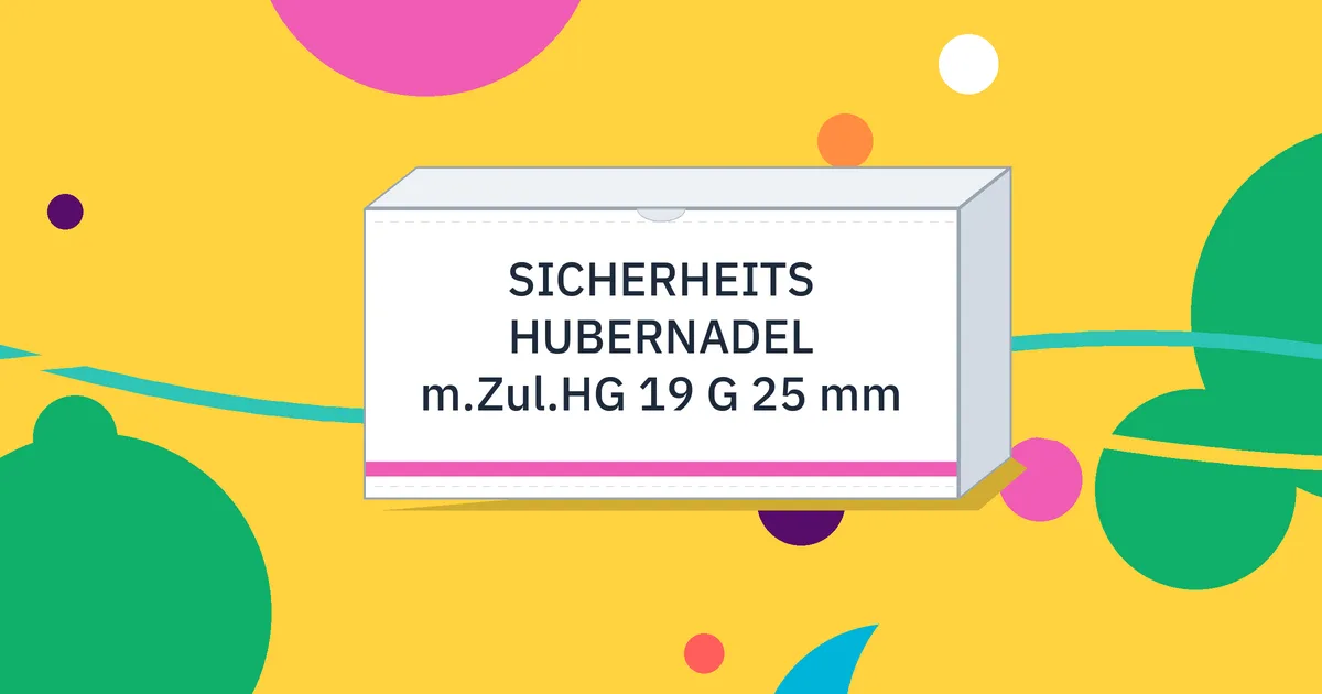 Symbolbild: Packung mit der Aufschrift SICHERHEITS HUBERNADEL m.Zul.HG 19 G 25 mm (PZN 14321860) – Verfügbarkeit und Bezug in Apotheken in Frankfurt am Main