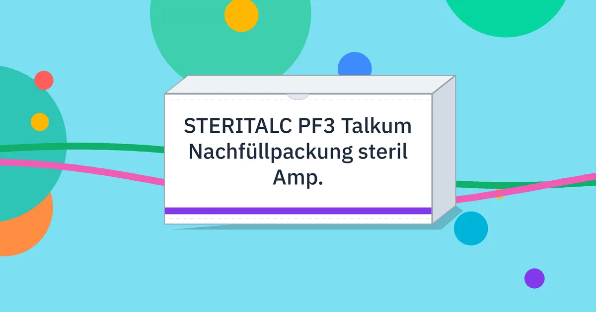Symbolbild: Packung mit der Aufschrift STERITALC PF3 Talkum Nachfüllpackung steril Amp. (PZN 11069383) – Verfügbarkeit und Bezug in Apotheken in Frankfurt am Main