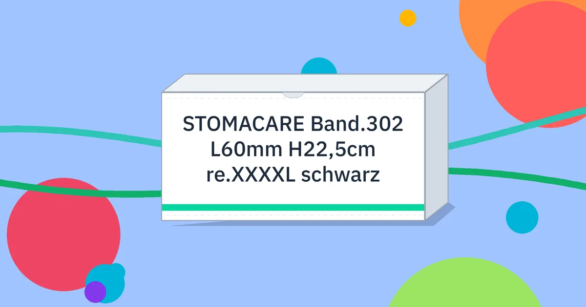 Symbolbild: Packung mit der Aufschrift STOMACARE Band.302 L60mm H22,5cm re.XXXXL schwarz (PZN 10841031) – Verfügbarkeit und Bezug in Apotheken in Frankfurt am Main