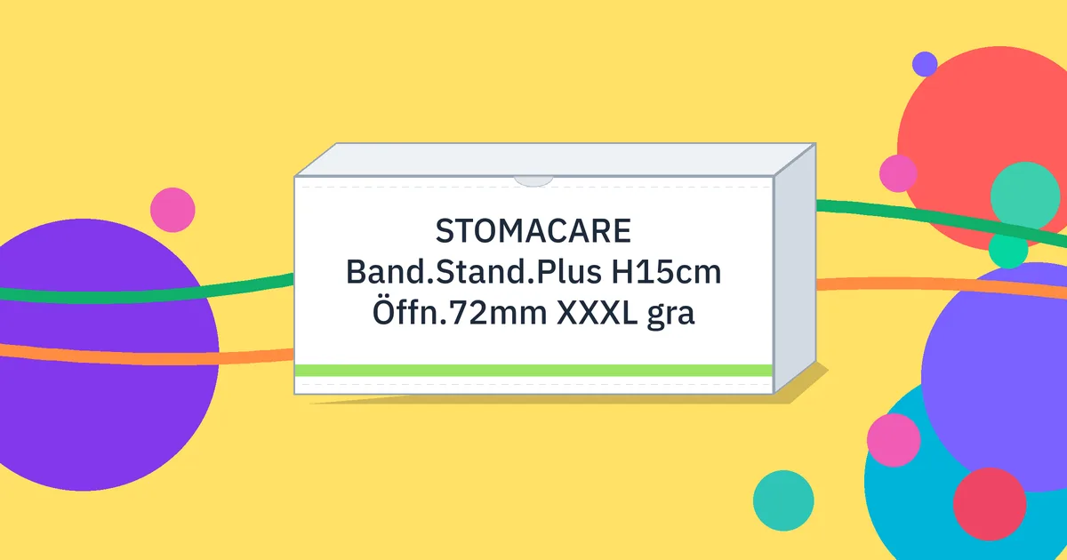 Symbolbild: Packung mit der Aufschrift STOMACARE Band.Stand.Plus H15cm Öffn.72mm XXXL gra (PZN 16750424) – Verfügbarkeit und Bezug in Apotheken in Frankfurt am Main