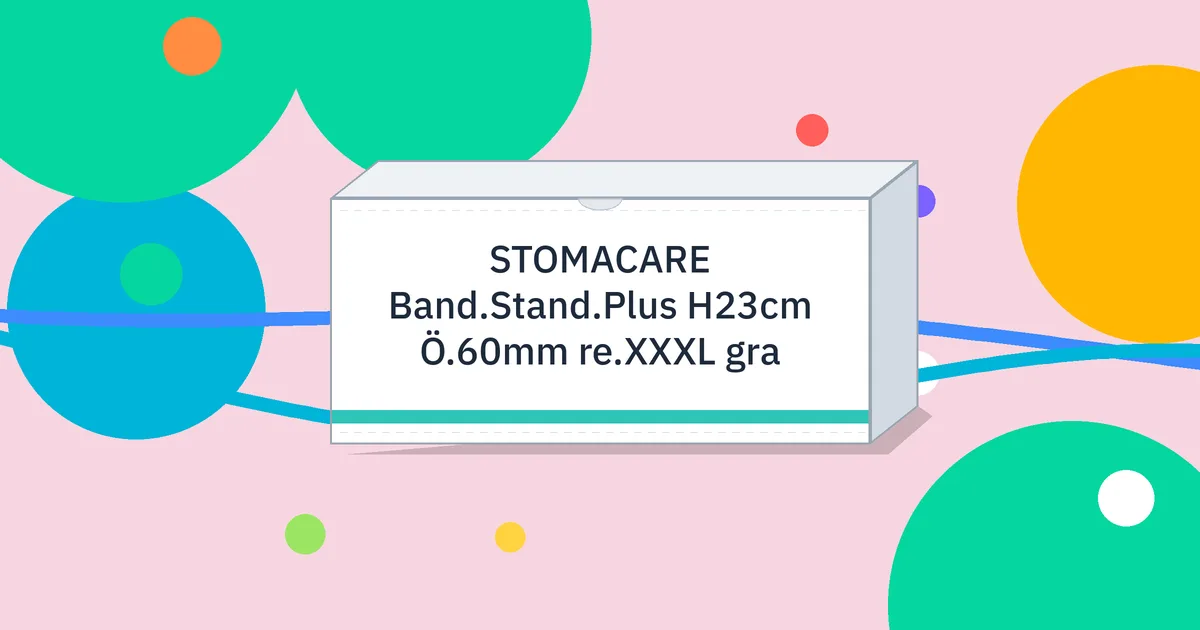 Symbolbild: Packung mit der Aufschrift STOMACARE Band.Stand.Plus H23cm Ö.60mm re.XXXL gra (PZN 16750921) – Verfügbarkeit und Bezug in Apotheken in Frankfurt am Main