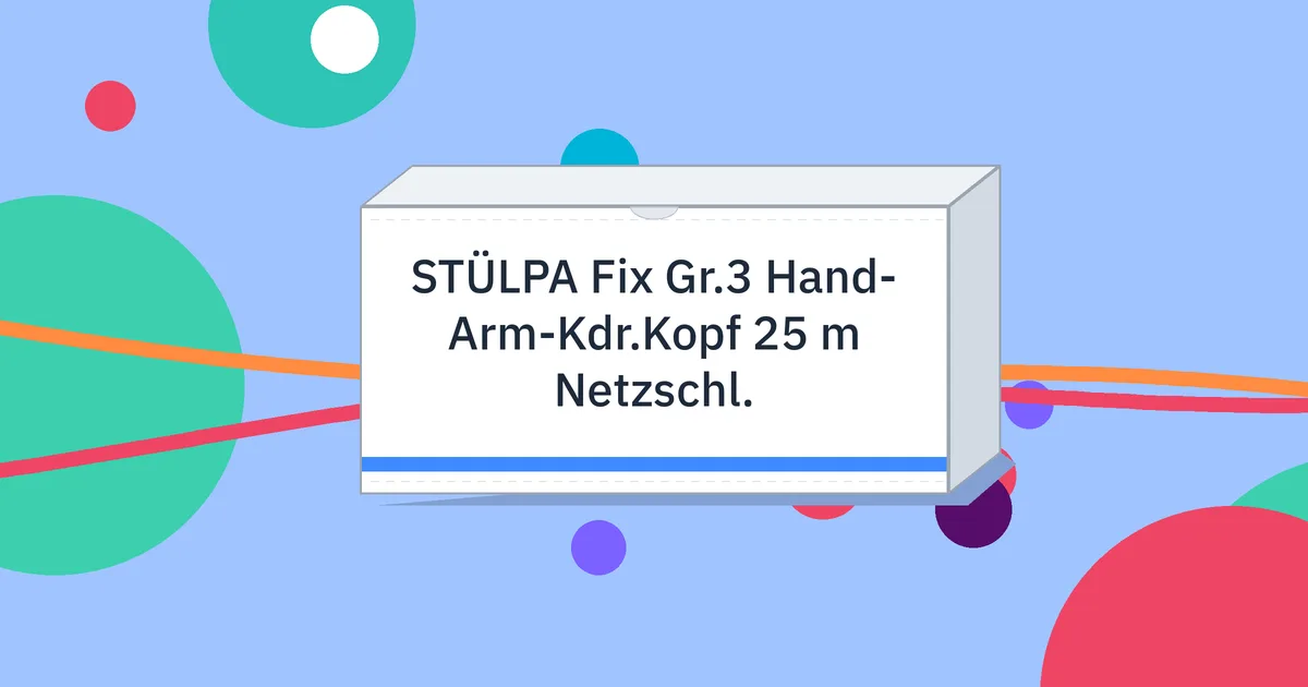 Symbolbild: Packung mit der Aufschrift STÜLPA Fix Gr.3 Hand-Arm-Kdr.Kopf 25 m Netzschl. (PZN 19412509) – Verfügbarkeit und Bezug in Apotheken in Frankfurt am Main