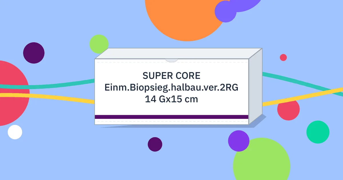 Symbolbild: Packung mit der Aufschrift SUPER CORE Einm.Biopsieg.halbau.ver.2RG 14 Gx15 cm (PZN 07099941) – Verfügbarkeit und Bezug in Apotheken in Frankfurt am Main