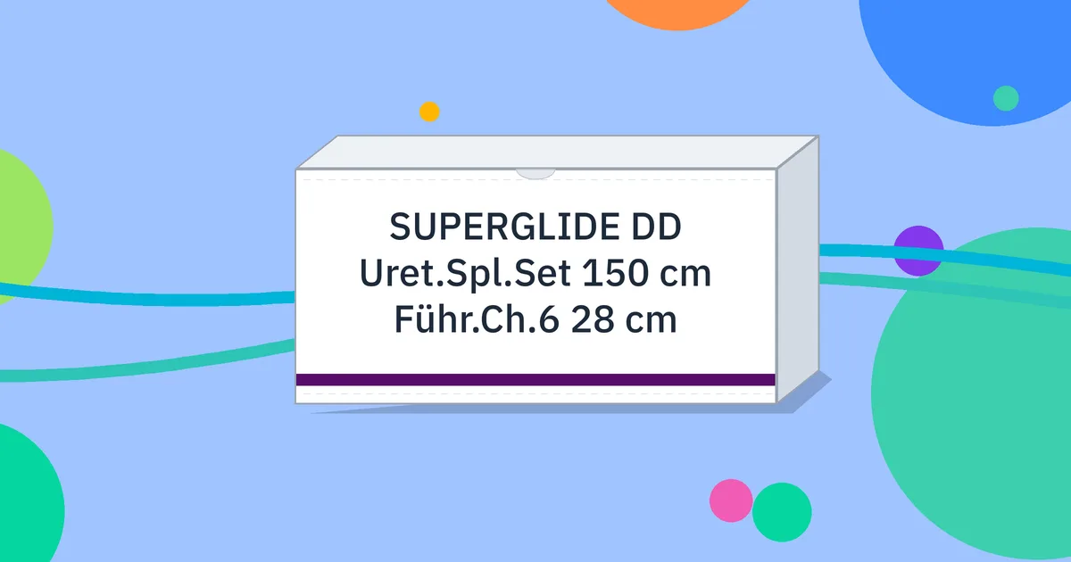 Symbolbild: Packung mit der Aufschrift SUPERGLIDE DD Uret.Spl.Set 150 cm Führ.Ch.6 28 cm (PZN 03708745) – Verfügbarkeit und Bezug in Apotheken in Frankfurt am Main