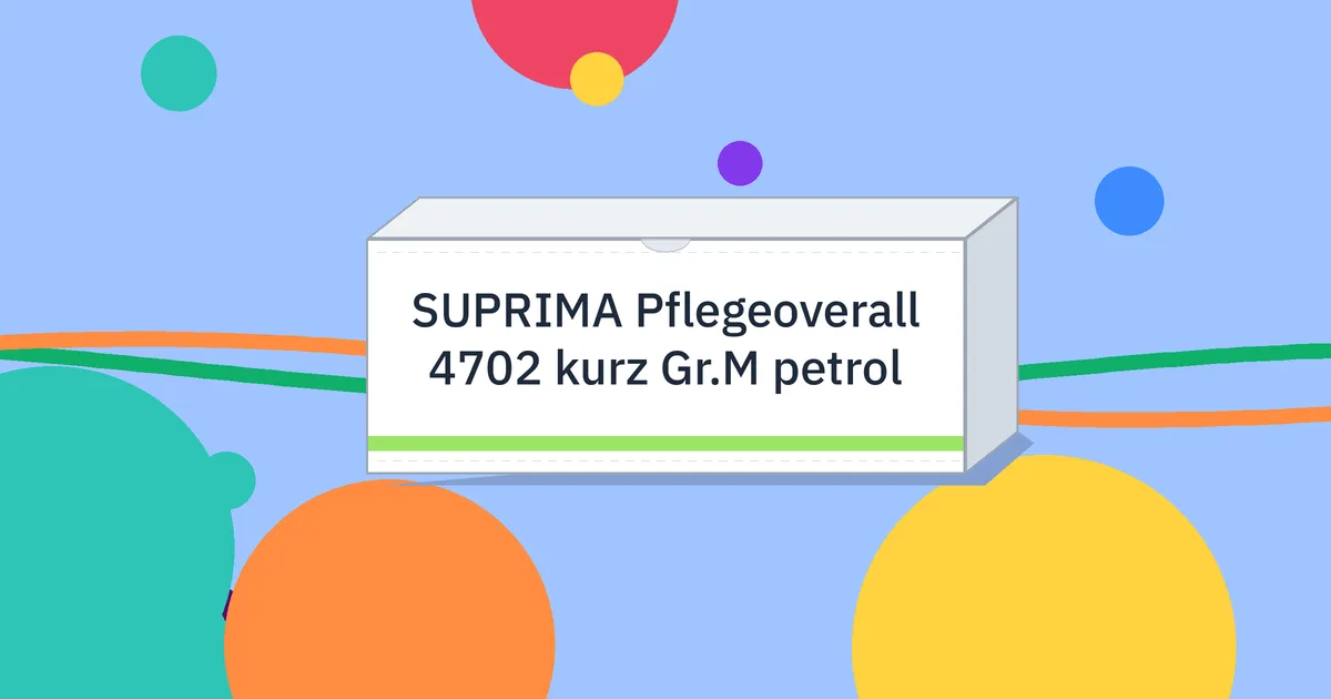 Symbolbild: Packung mit der Aufschrift SUPRIMA Pflegeoverall 4702 kurz Gr.M petrol (PZN 09376764) – Verfügbarkeit und Bezug in Apotheken in Frankfurt am Main