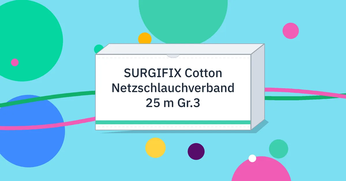 Symbolbild: Packung mit der Aufschrift SURGIFIX Cotton Netzschlauchverband 25 m Gr.3 (PZN 18386359) – Verfügbarkeit und Bezug in Apotheken in Frankfurt am Main