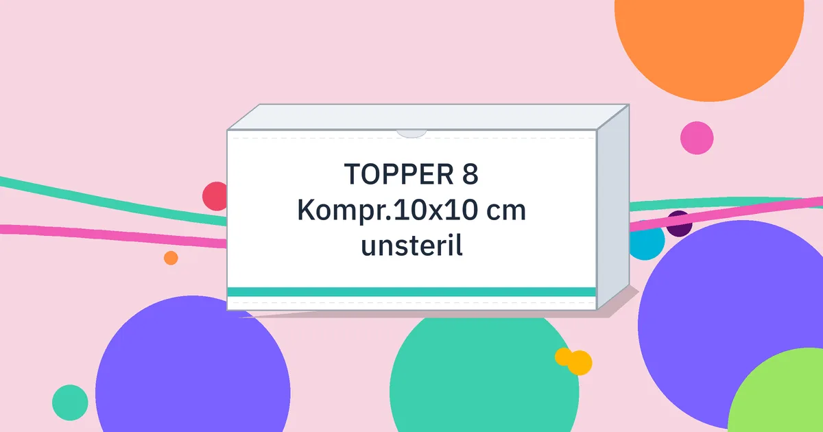 Symbolbild: Packung mit der Aufschrift TOPPER 8 Kompr.10x10 cm unsteril (PZN 03306840) – Verfügbarkeit und Bezug in Apotheken in Frankfurt am Main