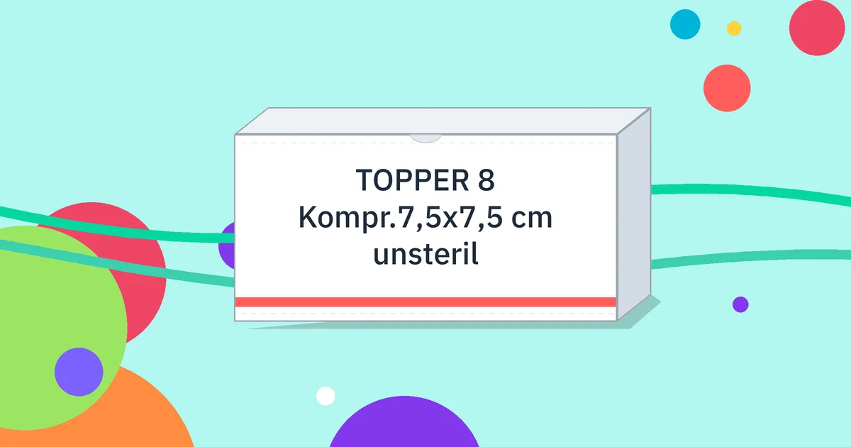Symbolbild: Packung mit der Aufschrift TOPPER 8 Kompr.7,5x7,5 cm unsteril (PZN 01901260) – Verfügbarkeit und Bezug in Apotheken in Frankfurt am Main
