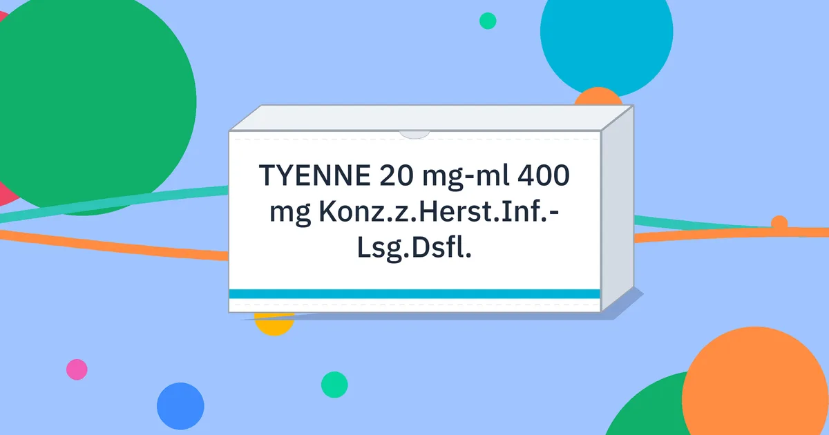Symbolbild: Packung mit der Aufschrift TYENNE 20 mg-ml 400 mg Konz.z.Herst.Inf.-Lsg.Dsfl. (PZN 19507090) – Verfügbarkeit und Bezug in Apotheken in Frankfurt am Main
