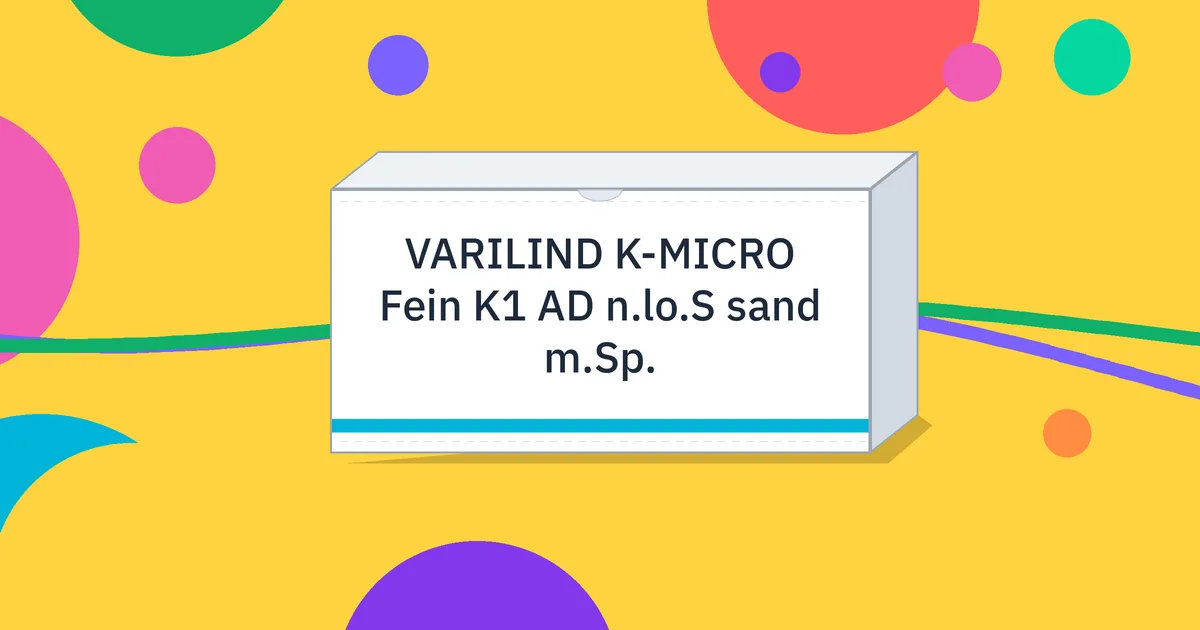 Symbolbild: Packung mit der Aufschrift VARILIND K-MICRO Fein K1 AD n.lo.S sand m.Sp. (PZN 20618854) – Verfügbarkeit und Bezug in Apotheken in Frankfurt am Main