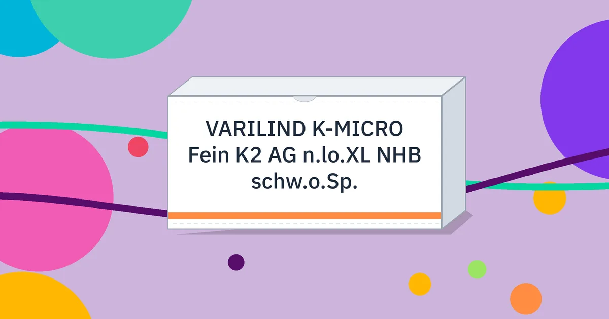 Symbolbild: Packung mit der Aufschrift VARILIND K-MICRO Fein K2 AG n.lo.XL NHB schw.o.Sp. (PZN 20556774) – Verfügbarkeit und Bezug in Apotheken in Frankfurt am Main