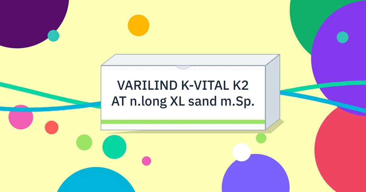 Symbolbild: Packung mit der Aufschrift VARILIND K-VITAL K2 AT n.long XL sand m.Sp. (PZN 20561172) – Verfügbarkeit und Bezug in Apotheken in Frankfurt am Main