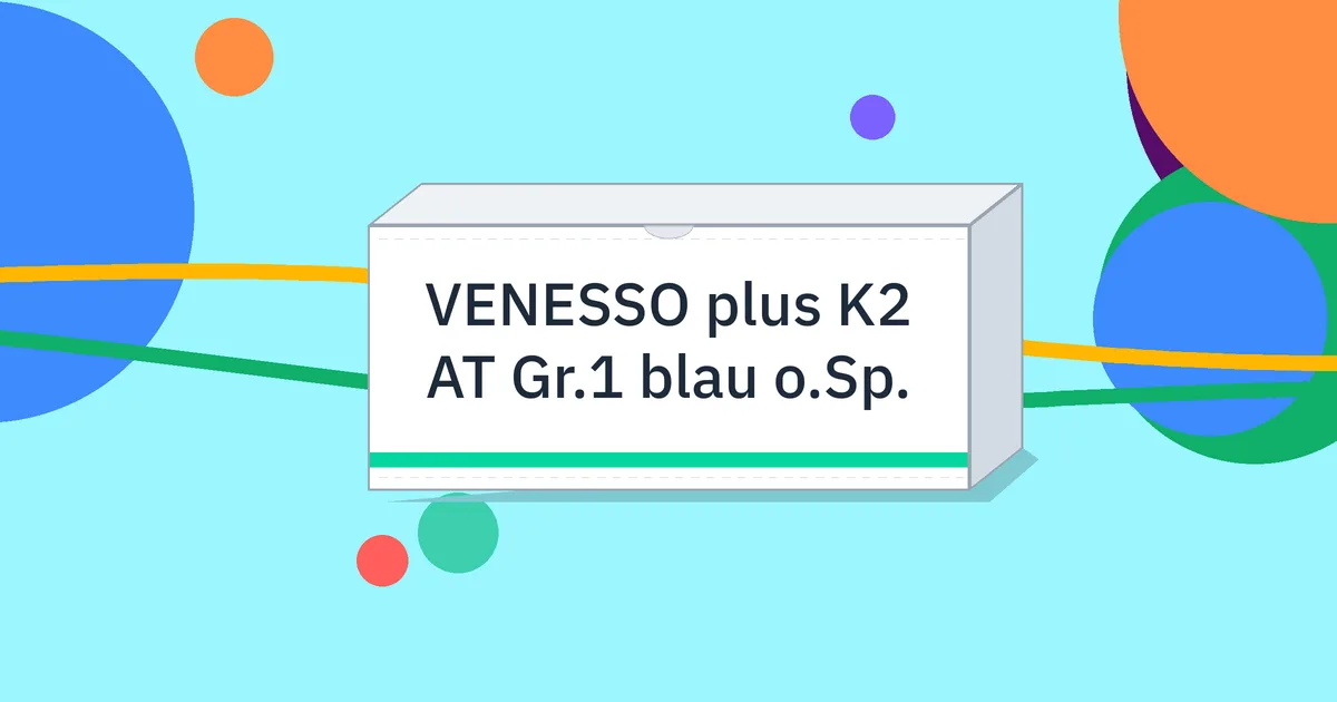 Symbolbild: Packung mit der Aufschrift VENESSO plus K2 AT Gr.1 blau o.Sp. (PZN 03288935) – Verfügbarkeit und Bezug in Apotheken in Frankfurt am Main