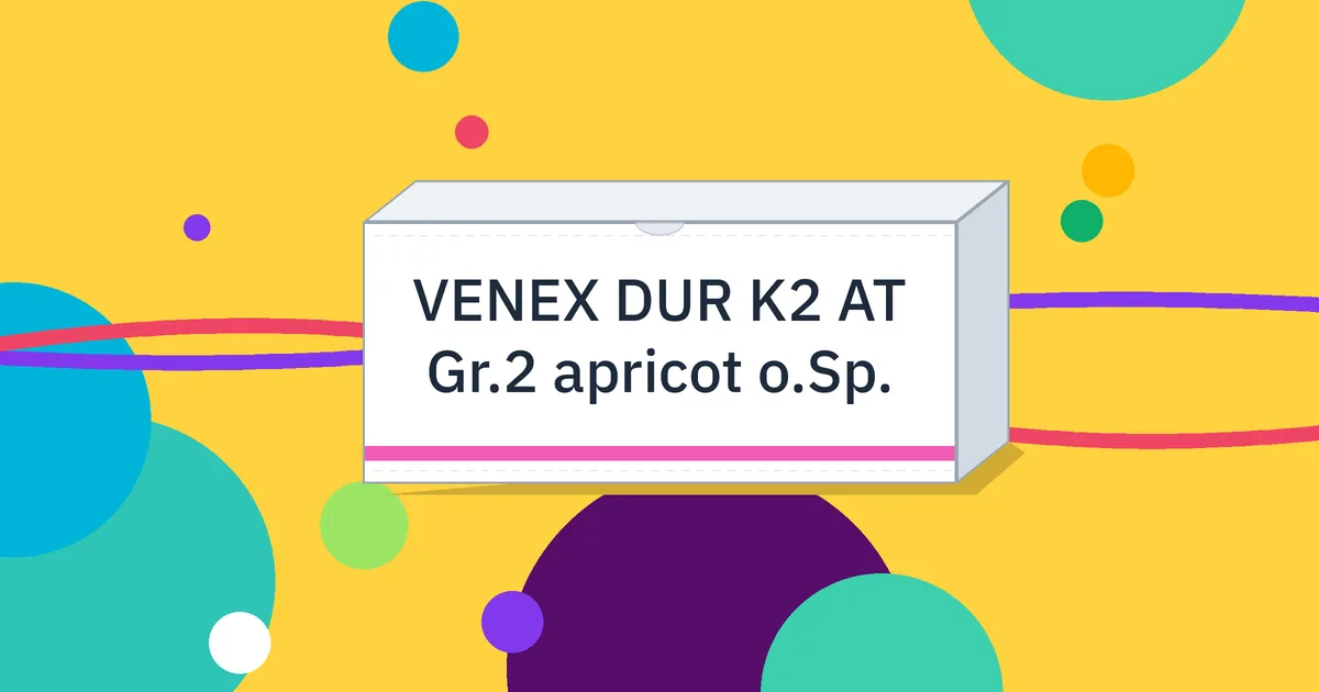 Symbolbild: Packung mit der Aufschrift VENEX DUR K2 AT Gr.2 apricot o.Sp. (PZN 03223350) – Verfügbarkeit und Bezug in Apotheken in Frankfurt am Main