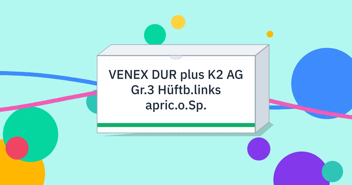 Symbolbild: Packung mit der Aufschrift VENEX DUR plus K2 AG Gr.3 Hüftb.links apric.o.Sp. (PZN 03242198) – Verfügbarkeit und Bezug in Apotheken in Frankfurt am Main