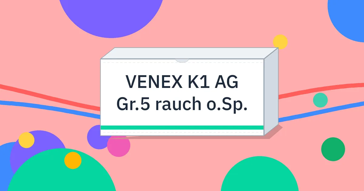 Symbolbild: Packung mit der Aufschrift VENEX K1 AG Gr.5 rauch o.Sp. (PZN 03188205) – Verfügbarkeit und Bezug in Apotheken in Frankfurt am Main
