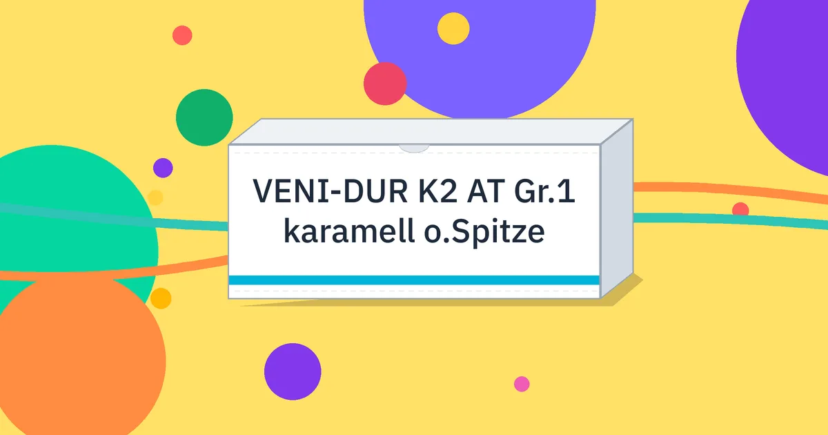 Symbolbild: Packung mit der Aufschrift VENI-DUR K2 AT Gr.1 karamell o.Spitze (PZN 13757029) – Verfügbarkeit und Bezug in Apotheken in Frankfurt am Main
