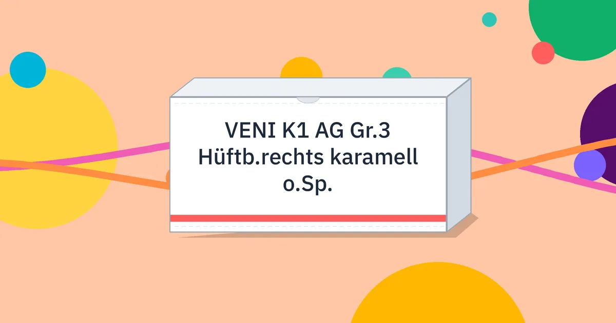 Symbolbild: Packung mit der Aufschrift VENI K1 AG Gr.3 Hüftb.rechts karamell o.Sp. (PZN 13760095) – Verfügbarkeit und Bezug in Apotheken in Frankfurt am Main