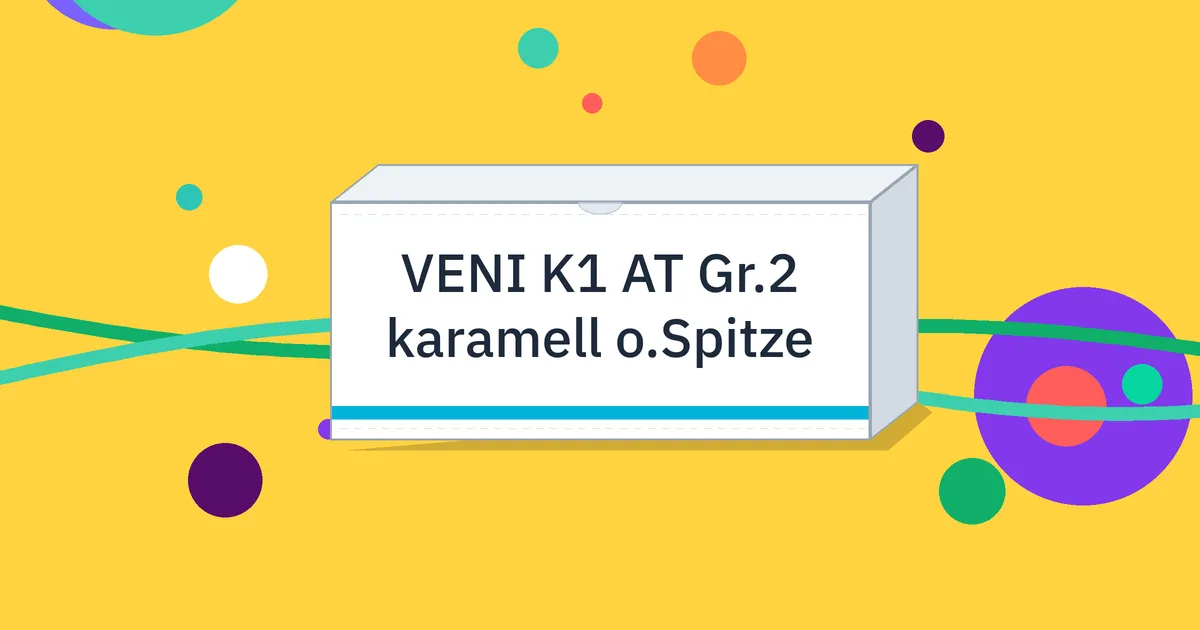 Symbolbild: Packung mit der Aufschrift VENI K1 AT Gr.2 karamell o.Spitze (PZN 13756886) – Verfügbarkeit und Bezug in Apotheken in Frankfurt am Main