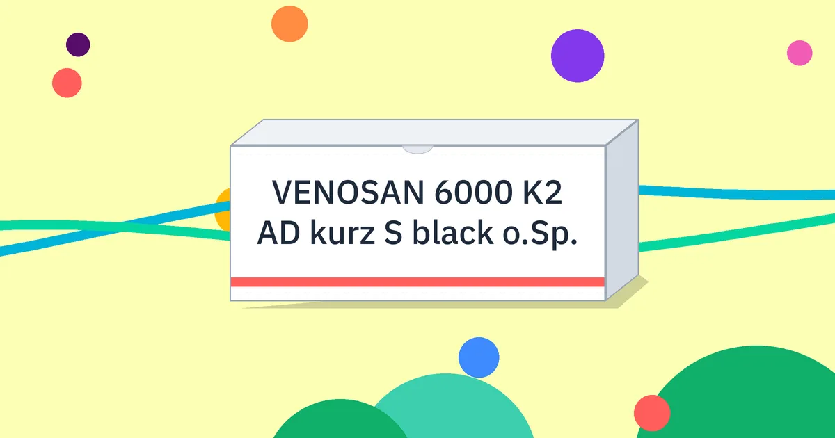 Symbolbild: Packung mit der Aufschrift VENOSAN 6000 K2 AD kurz S black o.Sp. (PZN 17172449) – Verfügbarkeit und Bezug in Apotheken in Frankfurt am Main