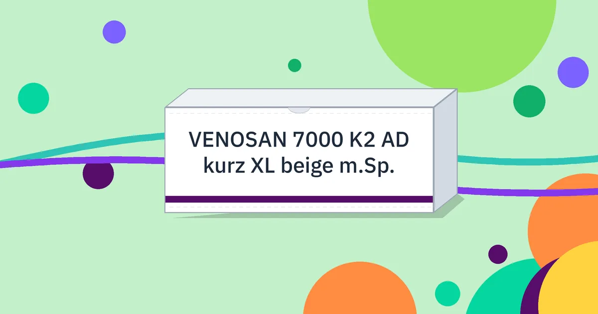 Symbolbild: Packung mit der Aufschrift VENOSAN 7000 K2 AD kurz XL beige m.Sp. (PZN 14434328) – Verfügbarkeit und Bezug in Apotheken in Frankfurt am Main