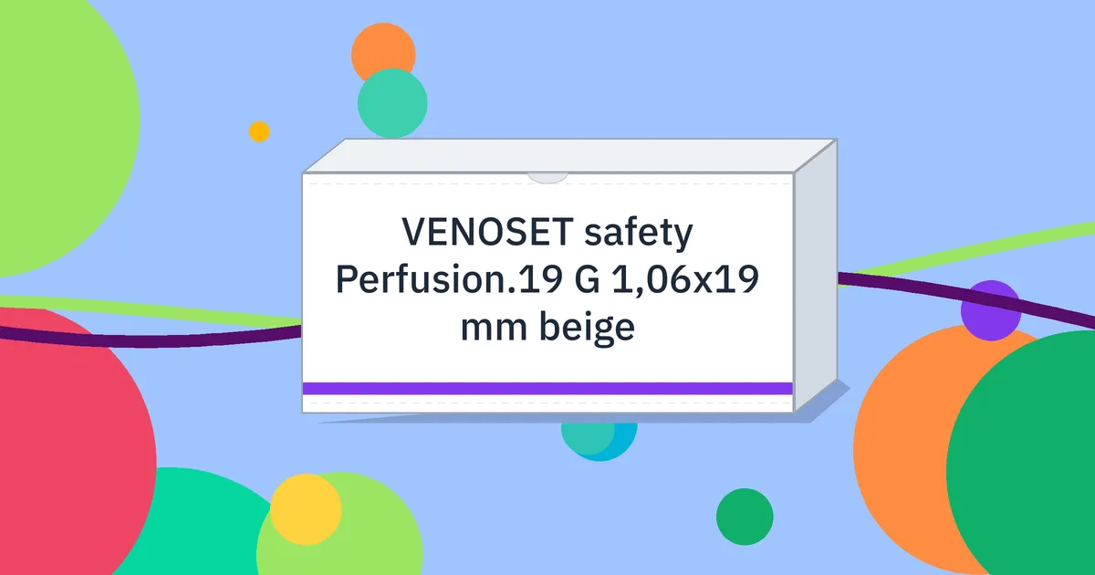 Symbolbild: Packung mit der Aufschrift VENOSET safety Perfusion.19 G 1,06x19 mm beige (PZN 13846951) – Verfügbarkeit und Bezug in Apotheken in Frankfurt am Main