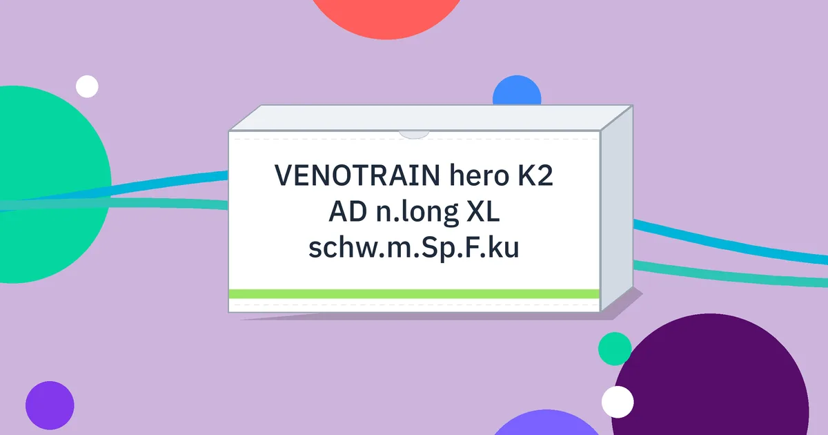Symbolbild: Packung mit der Aufschrift VENOTRAIN hero K2 AD n.long XL schw.m.Sp.F.ku (PZN 19189649) – Verfügbarkeit und Bezug in Apotheken in Frankfurt am Main