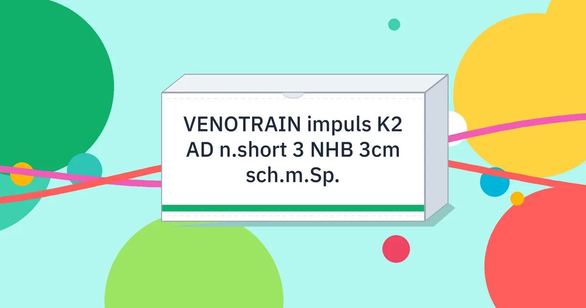 Symbolbild: Packung mit der Aufschrift VENOTRAIN impuls K2 AD n.short 3 NHB 3cm sch.m.Sp. (PZN 00650666) – Verfügbarkeit und Bezug in Apotheken in Frankfurt am Main