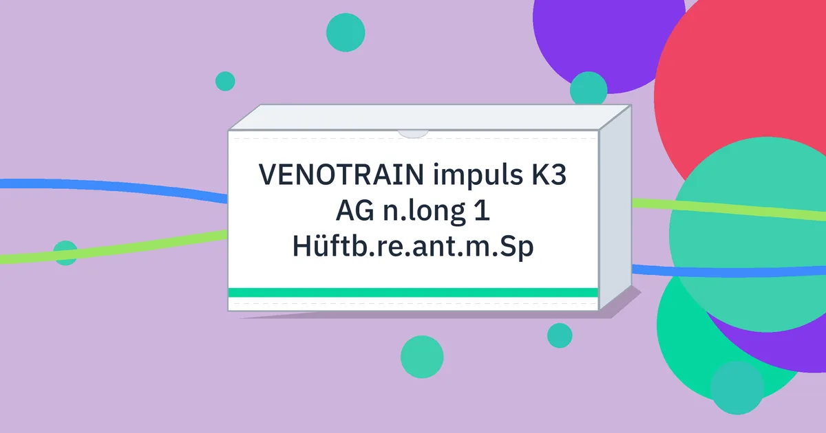 Symbolbild: Packung mit der Aufschrift VENOTRAIN impuls K3 AG n.long 1 Hüftb.re.ant.m.Sp (PZN 15218199) – Verfügbarkeit und Bezug in Apotheken in Frankfurt am Main