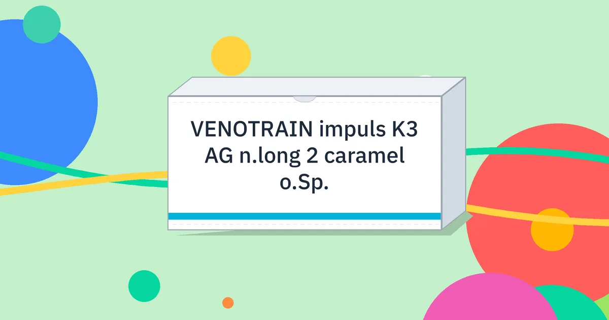 Symbolbild: Packung mit der Aufschrift VENOTRAIN impuls K3 AG n.long 2 caramel o.Sp. (PZN 08421037) – Verfügbarkeit und Bezug in Apotheken in Frankfurt am Main