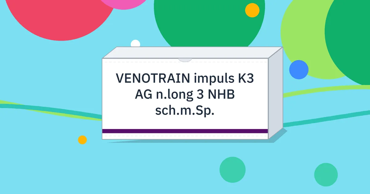 Symbolbild: Packung mit der Aufschrift VENOTRAIN impuls K3 AG n.long 3 NHB sch.m.Sp. (PZN 00522313) – Verfügbarkeit und Bezug in Apotheken in Frankfurt am Main