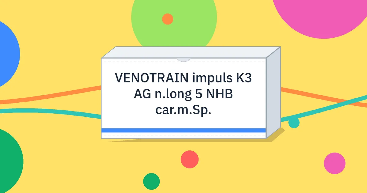 Symbolbild: Packung mit der Aufschrift VENOTRAIN impuls K3 AG n.long 5 NHB car.m.Sp. (PZN 00521271) – Verfügbarkeit und Bezug in Apotheken in Frankfurt am Main