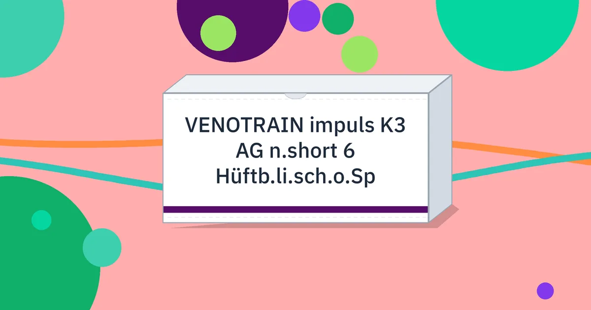 Symbolbild: Packung mit der Aufschrift VENOTRAIN impuls K3 AG n.short 6 Hüftb.li.sch.o.Sp (PZN 10295893) – Verfügbarkeit und Bezug in Apotheken in Frankfurt am Main