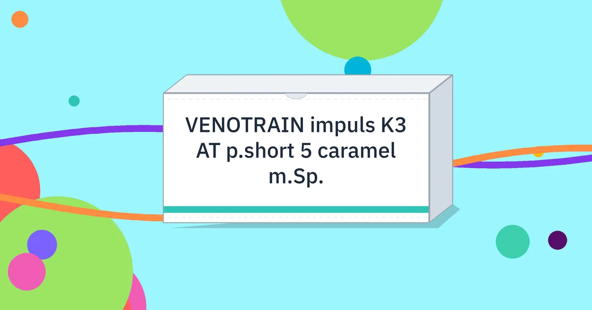 Symbolbild: Packung mit der Aufschrift VENOTRAIN impuls K3 AT p.short 5 caramel m.Sp. (PZN 19355059) – Verfügbarkeit und Bezug in Apotheken in Frankfurt am Main