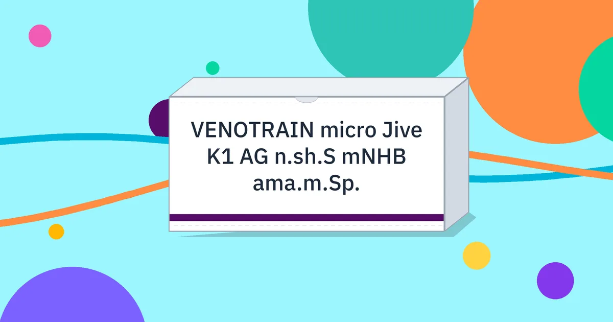 Symbolbild: Packung mit der Aufschrift VENOTRAIN micro Jive K1 AG n.sh.S mNHB ama.m.Sp. (PZN 17759396) – Verfügbarkeit und Bezug in Apotheken in Frankfurt am Main