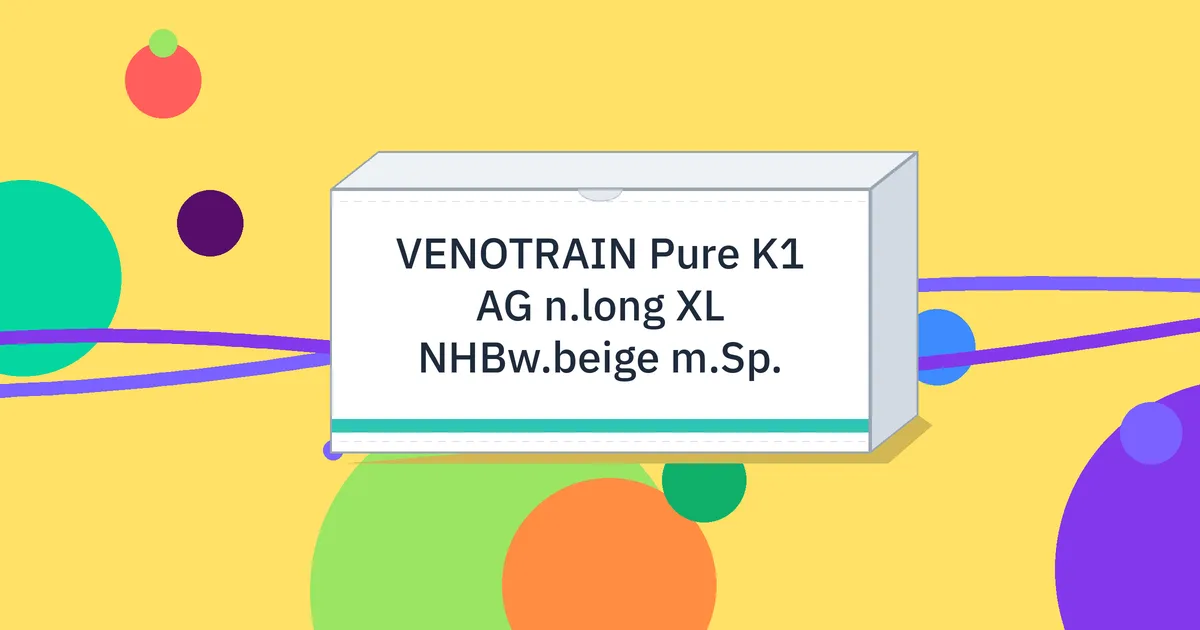 Symbolbild: Packung mit der Aufschrift VENOTRAIN Pure K1 AG n.long XL NHBw.beige m.Sp. (PZN 18150295) – Verfügbarkeit und Bezug in Apotheken in Frankfurt am Main