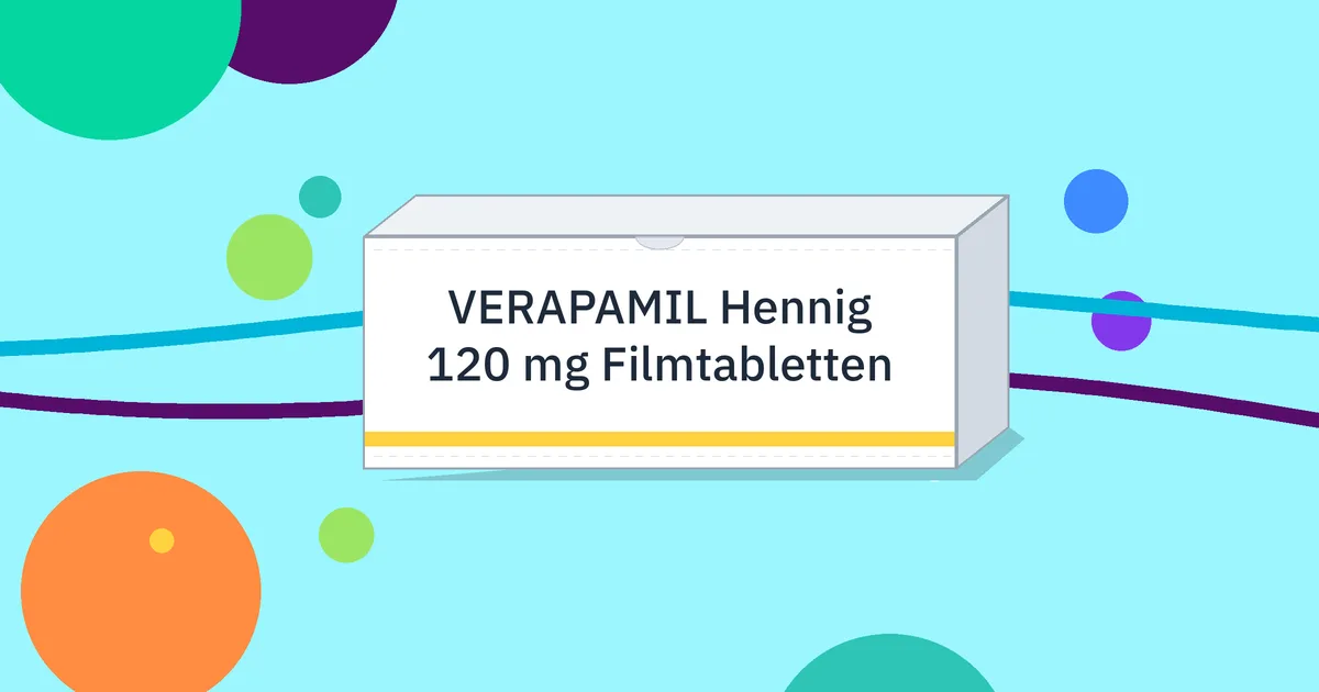 Symbolbild: Packung mit der Aufschrift VERAPAMIL Hennig 120 mg Filmtabletten (PZN 00121956) – Verfügbarkeit und Bezug in Apotheken in Frankfurt am Main