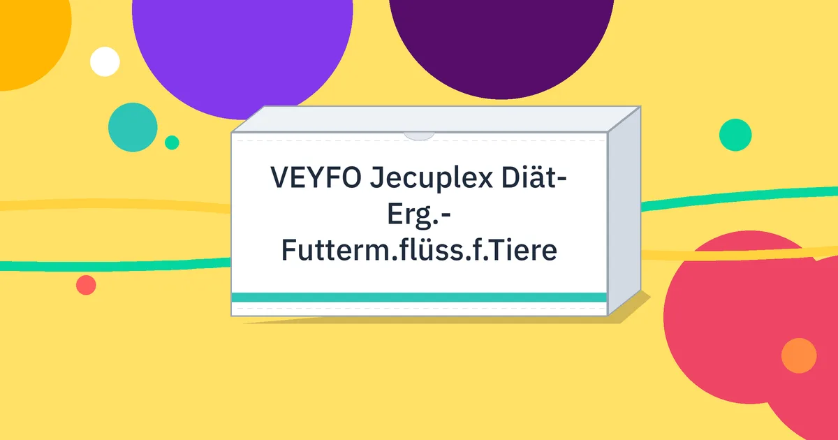 Symbolbild: Packung mit der Aufschrift VEYFO Jecuplex Diät-Erg.-Futterm.flüss.f.Tiere (PZN 18378779) – Verfügbarkeit und Bezug in Apotheken in Frankfurt am Main