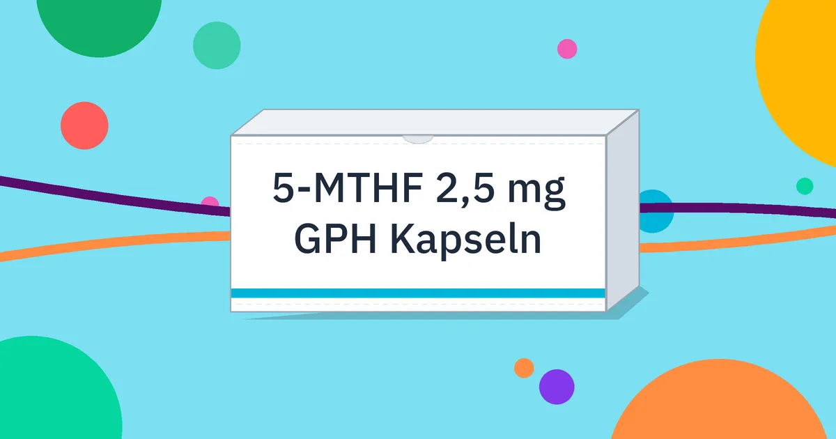 Symbolbild: Packung mit der Aufschrift 5-MTHF 2,5 mg GPH Kapseln (PZN 20051287) – Verfügbarkeit und Bezug in Apotheken in Frankfurt am Main