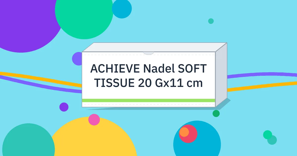 Symbolbild: Packung mit der Aufschrift ACHIEVE Nadel SOFT TISSUE 20 Gx11 cm (PZN 18763566) – Verfügbarkeit und Bezug in Apotheken in Frankfurt am Main