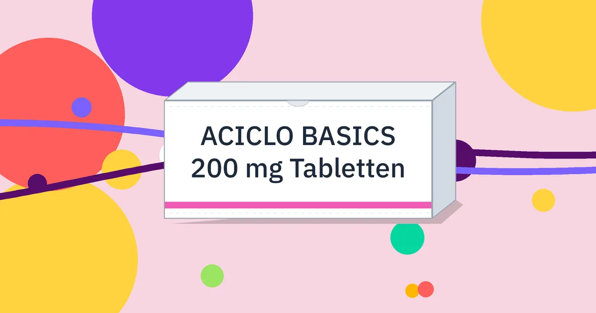 Symbolbild: Packung mit der Aufschrift ACICLO BASICS 200 mg Tabletten (PZN 02753264) – Verfügbarkeit und Bezug in Apotheken in Frankfurt am Main