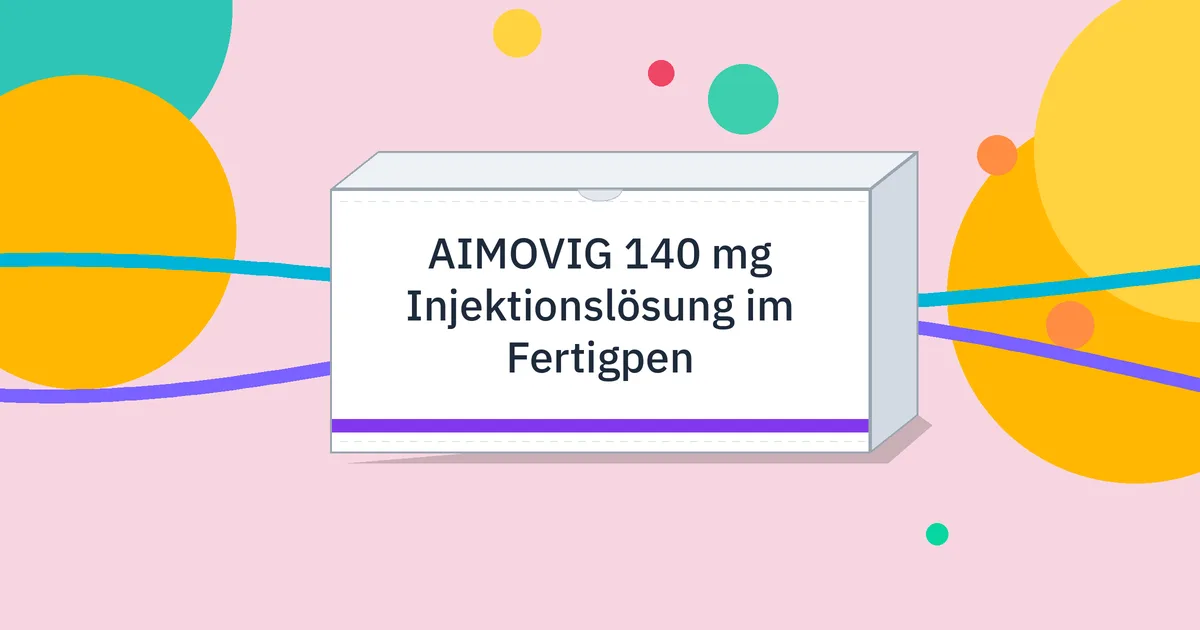Symbolbild: Packung mit der Aufschrift AIMOVIG 140 mg Injektionslösung im Fertigpen (PZN 16236489) – Verfügbarkeit und Bezug in Apotheken in Frankfurt am Main