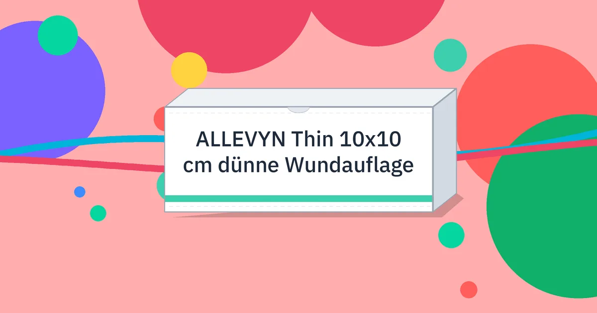 Symbolbild: Packung mit der Aufschrift ALLEVYN Thin 10x10 cm dünne Wundauflage (PZN 17831159) – Verfügbarkeit und Bezug in Apotheken in Frankfurt am Main