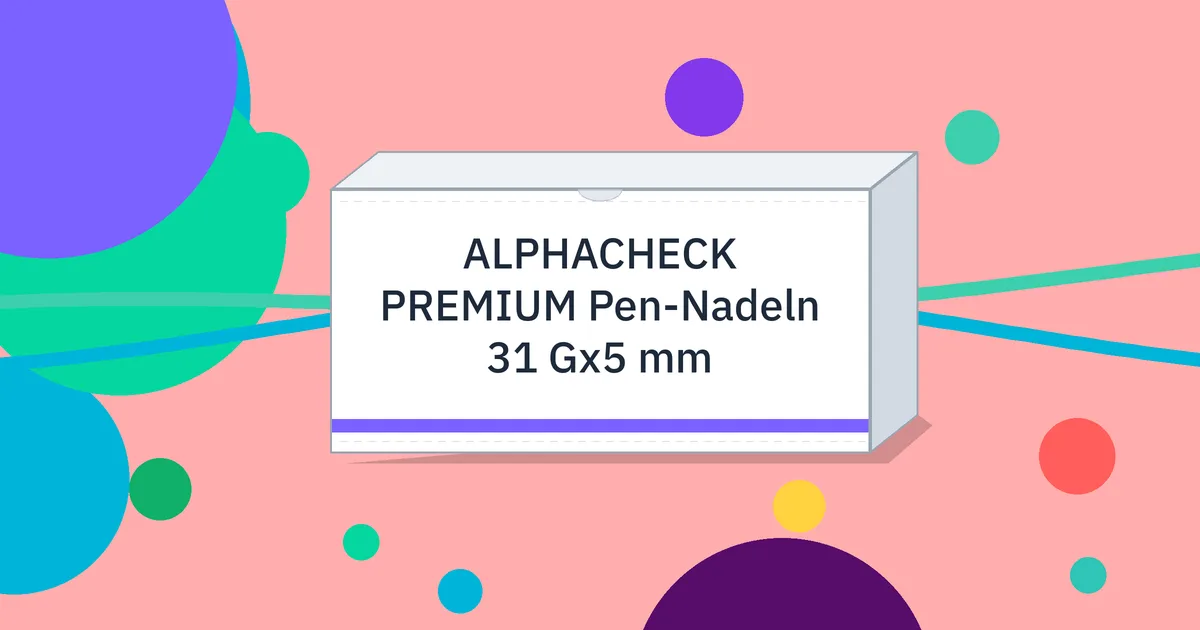 Symbolbild: Packung mit der Aufschrift ALPHACHECK PREMIUM Pen-Nadeln 31 Gx5 mm (PZN 16875284) – Verfügbarkeit und Bezug in Apotheken in Frankfurt am Main