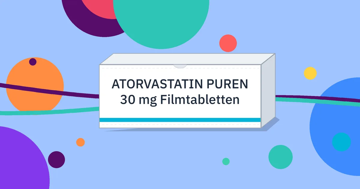 Symbolbild: Packung mit der Aufschrift ATORVASTATIN PUREN 30 mg Filmtabletten (PZN 13878218) – Verfügbarkeit und Bezug in Apotheken in Frankfurt am Main